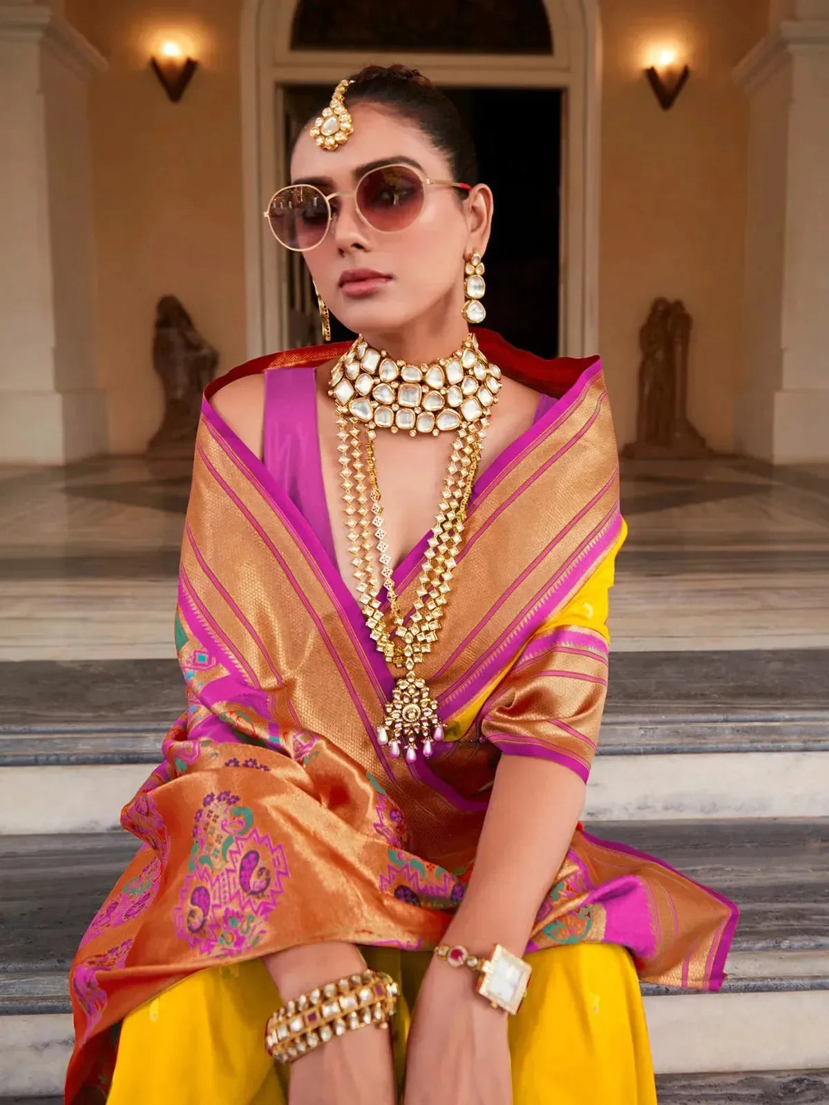 Yellow Paithani Silk Saree With Pink Blouse For Any Occation - VJV Now ...