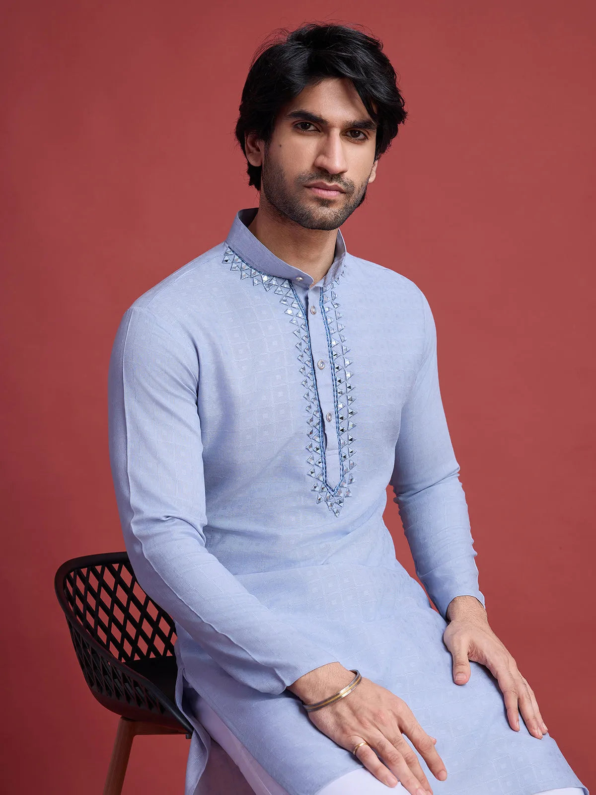 Sky Blue Weaving Men's Weeding Kurta With Mirror Work - VJV Now - India