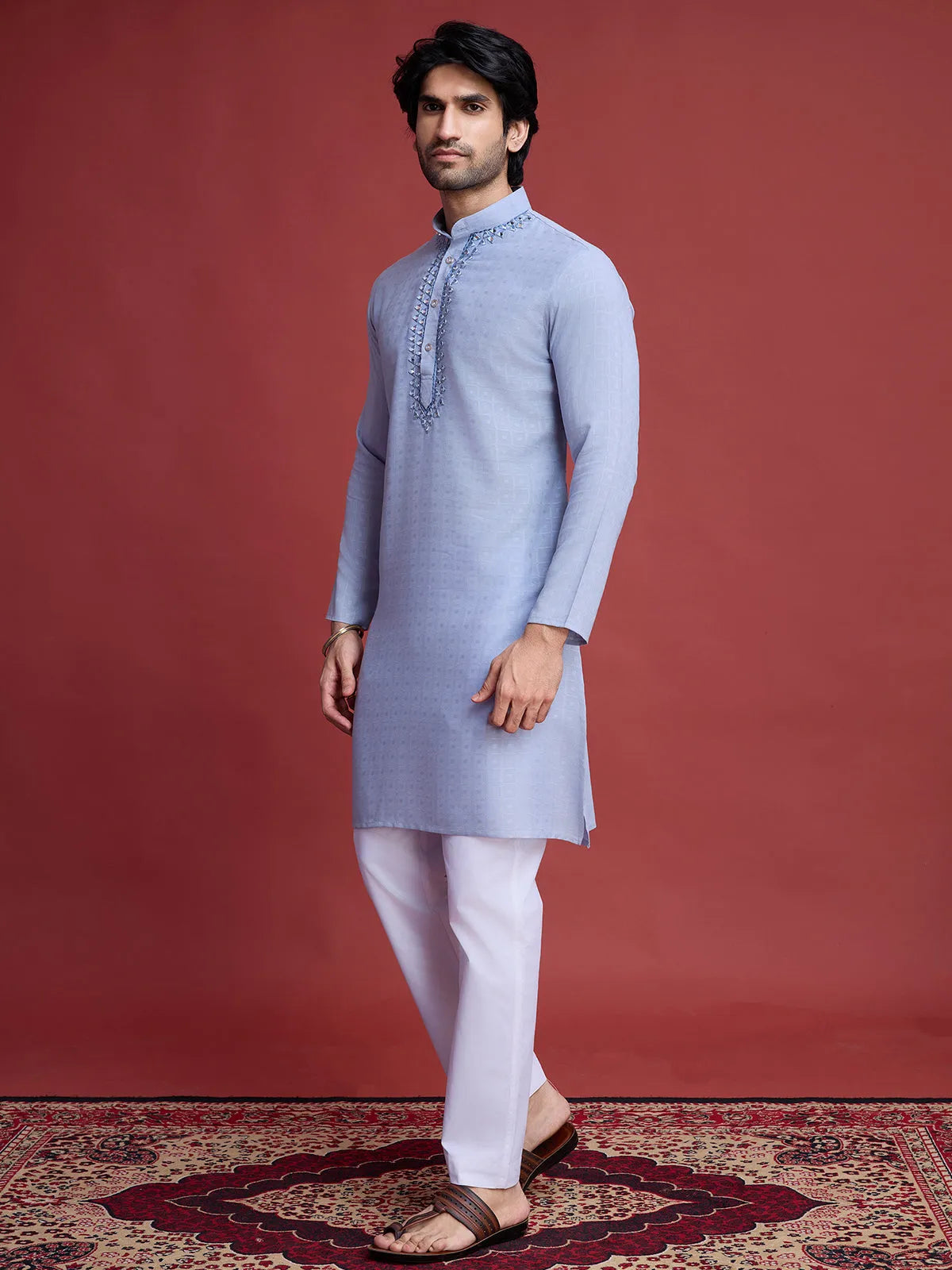 Sky Blue Weaving Men's Weeding Kurta With Mirror Work - VJV Now - India