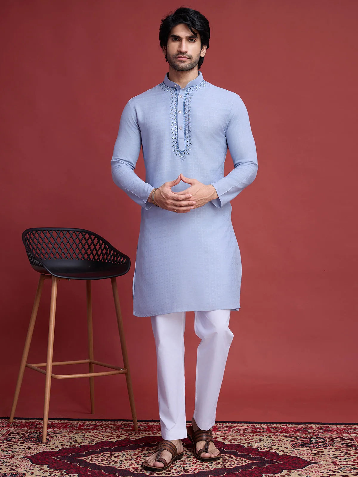 Sky Blue Weaving Men's Weeding Kurta With Mirror Work - VJV Now - India
