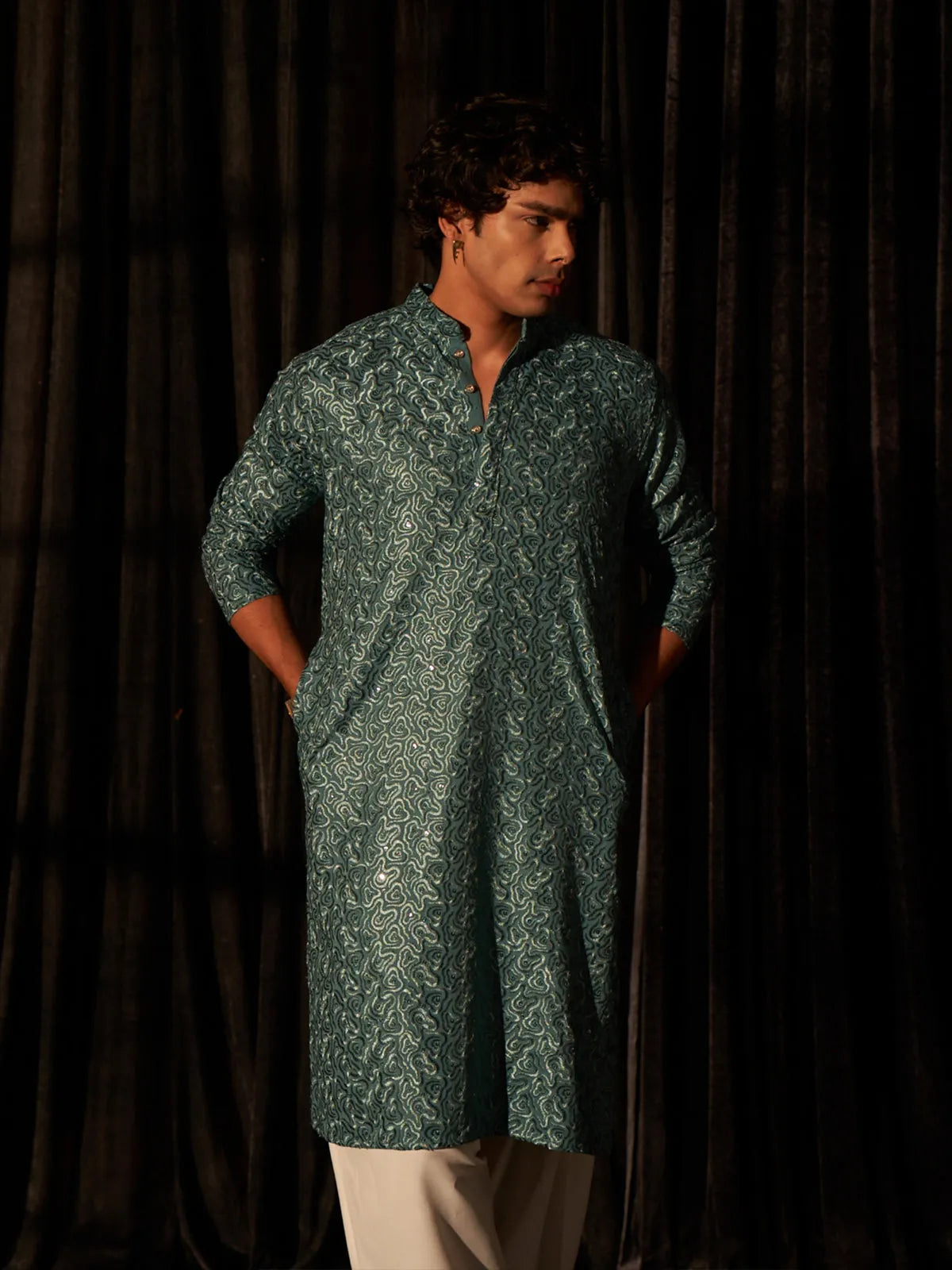 Cyan Blue Men's Wedding Kurta Set In Viscose Embroidery - VJV Now - India