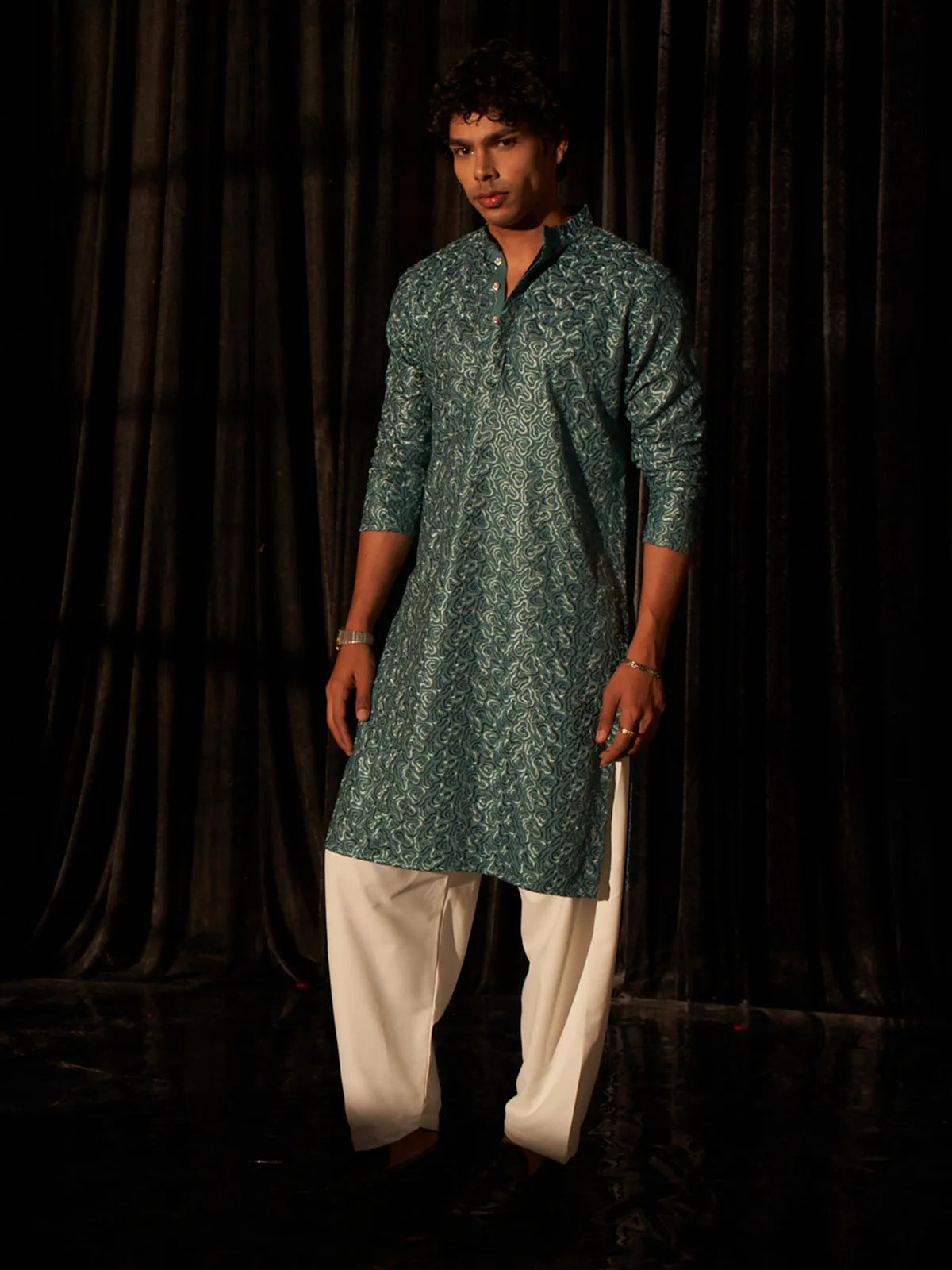 Cyan Blue Men's Wedding Kurta Set In Viscose Embroidery - VJV Now - India