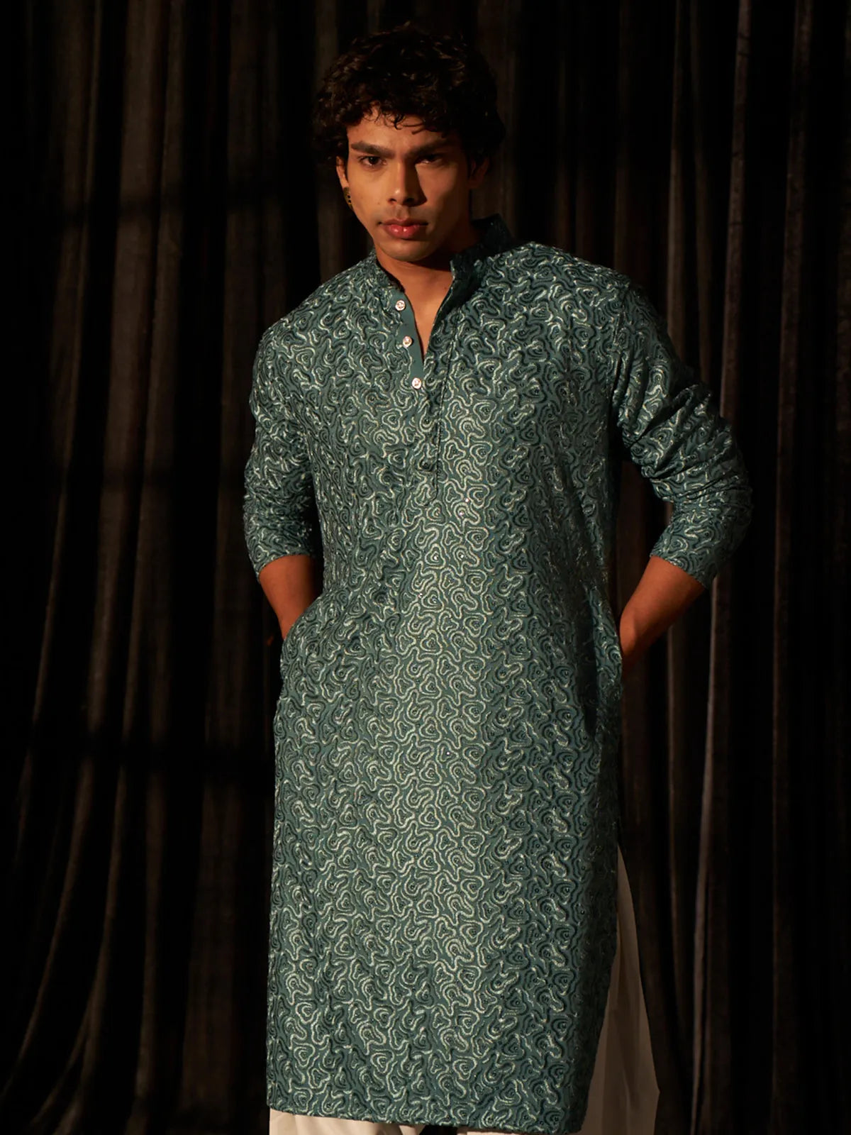 Cyan Blue Men's Wedding Kurta Set In Viscose Embroidery - VJV Now - India