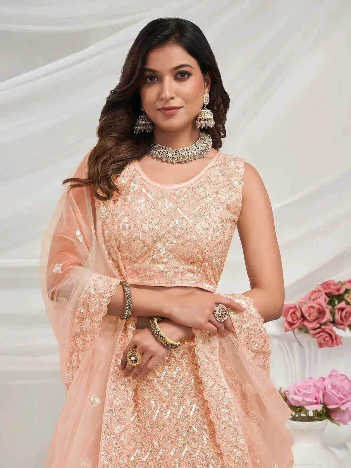 Peach Sequin Lehenga Set with Net Dupatta for Bridal Wedding Wear - VJV ...
