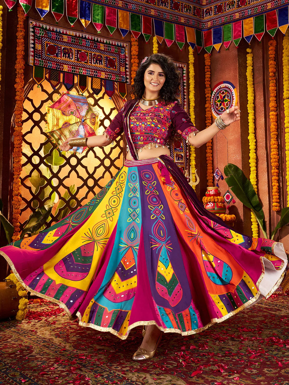 Colorful Gajji Silk Navratri Lehenga Choli with Mirror Work - VJV Now ...