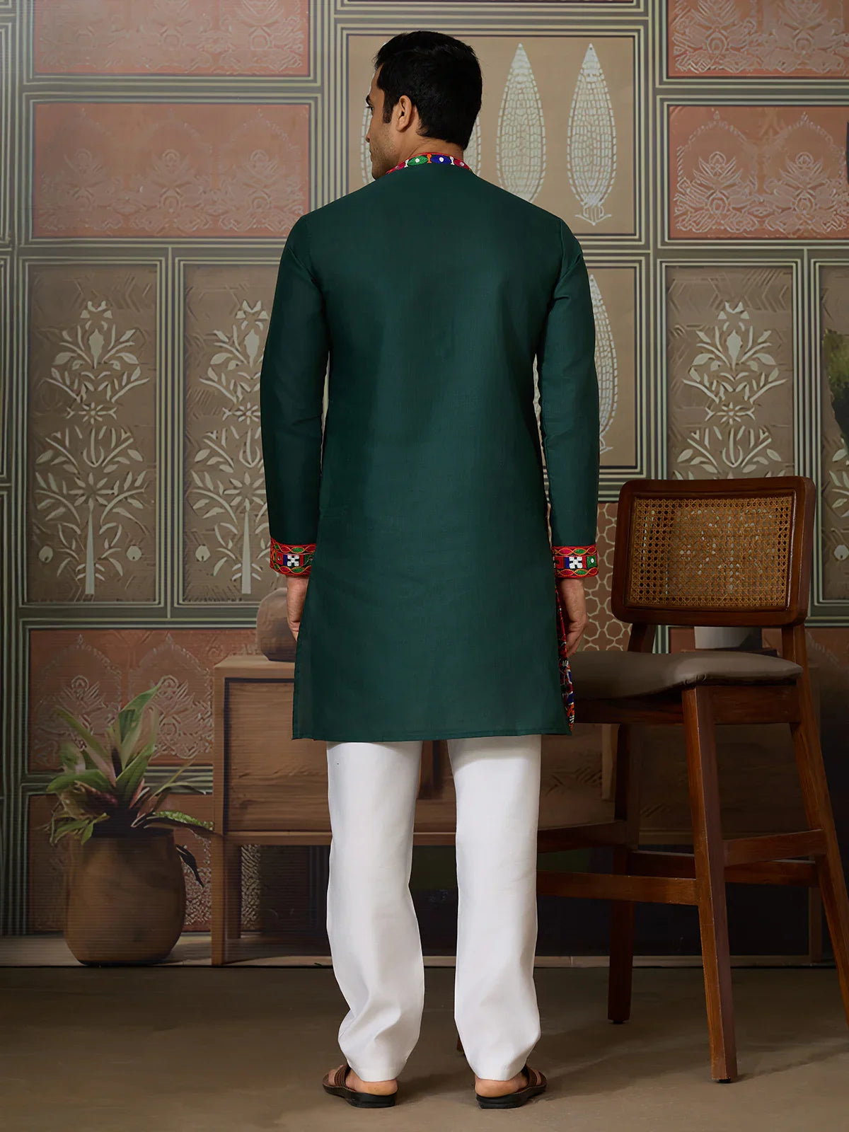 Garba Outfit Green Cotton Silk Kurta for Men with Multi-Thread & Mirror ...