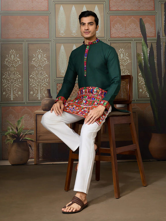 Garba Outfit Green Cotton Silk Kurta for Men with Multi-Thread & Mirror ...