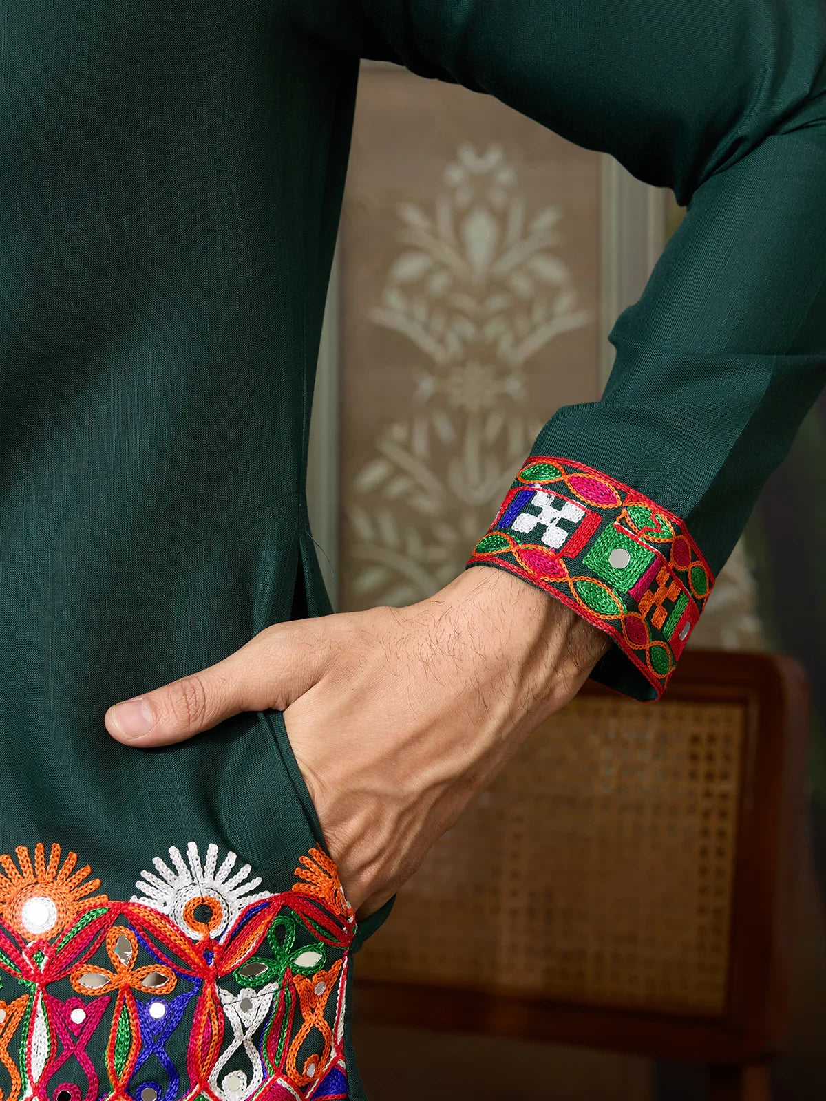 Garba Outfit Green Cotton Silk Kurta for Men with Multi-Thread & Mirror ...