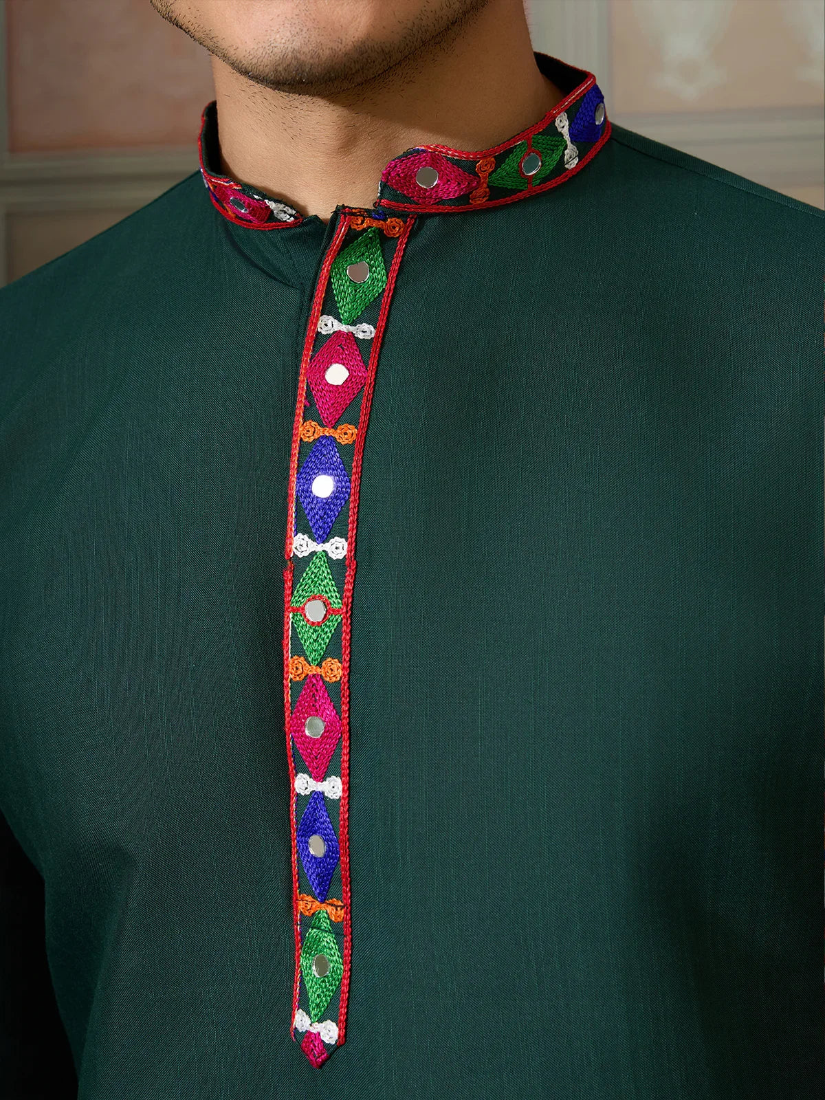 Garba Outfit Green Cotton Silk Kurta for Men with Multi-Thread & Mirror ...