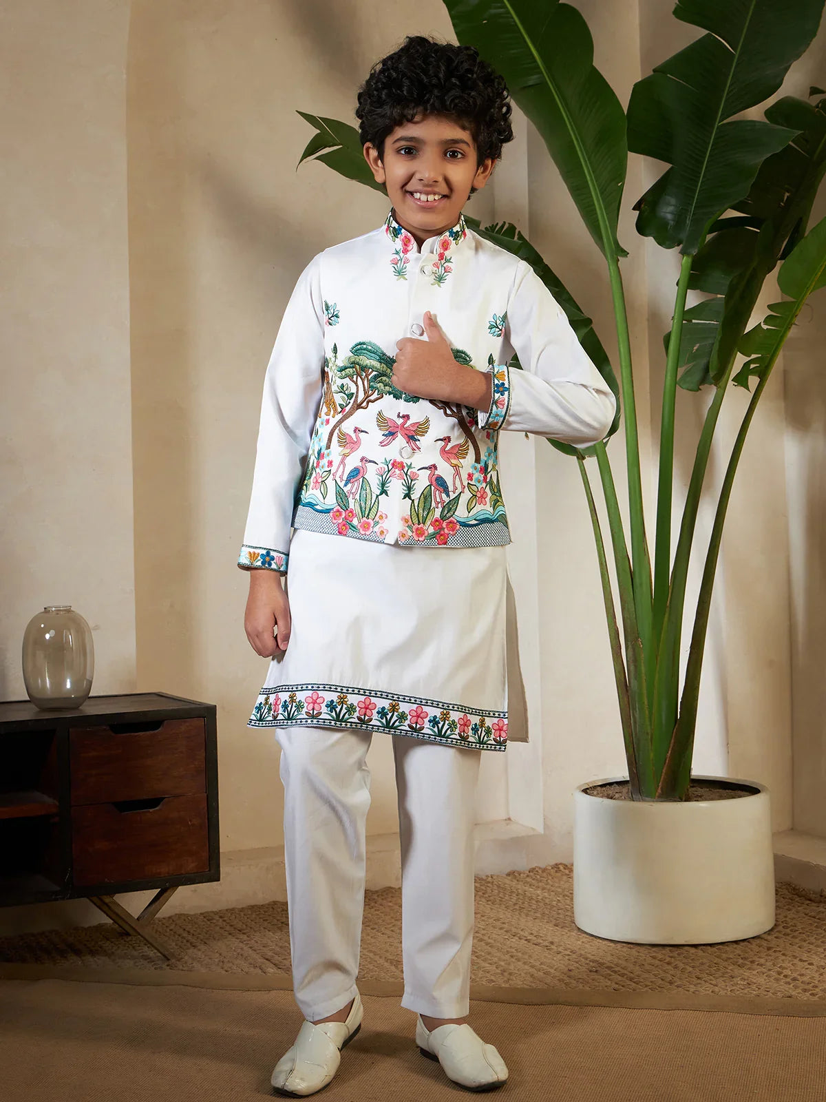 Boys White Viscose Silk Kurta Koti Set Traditional Indian Embroidered ...