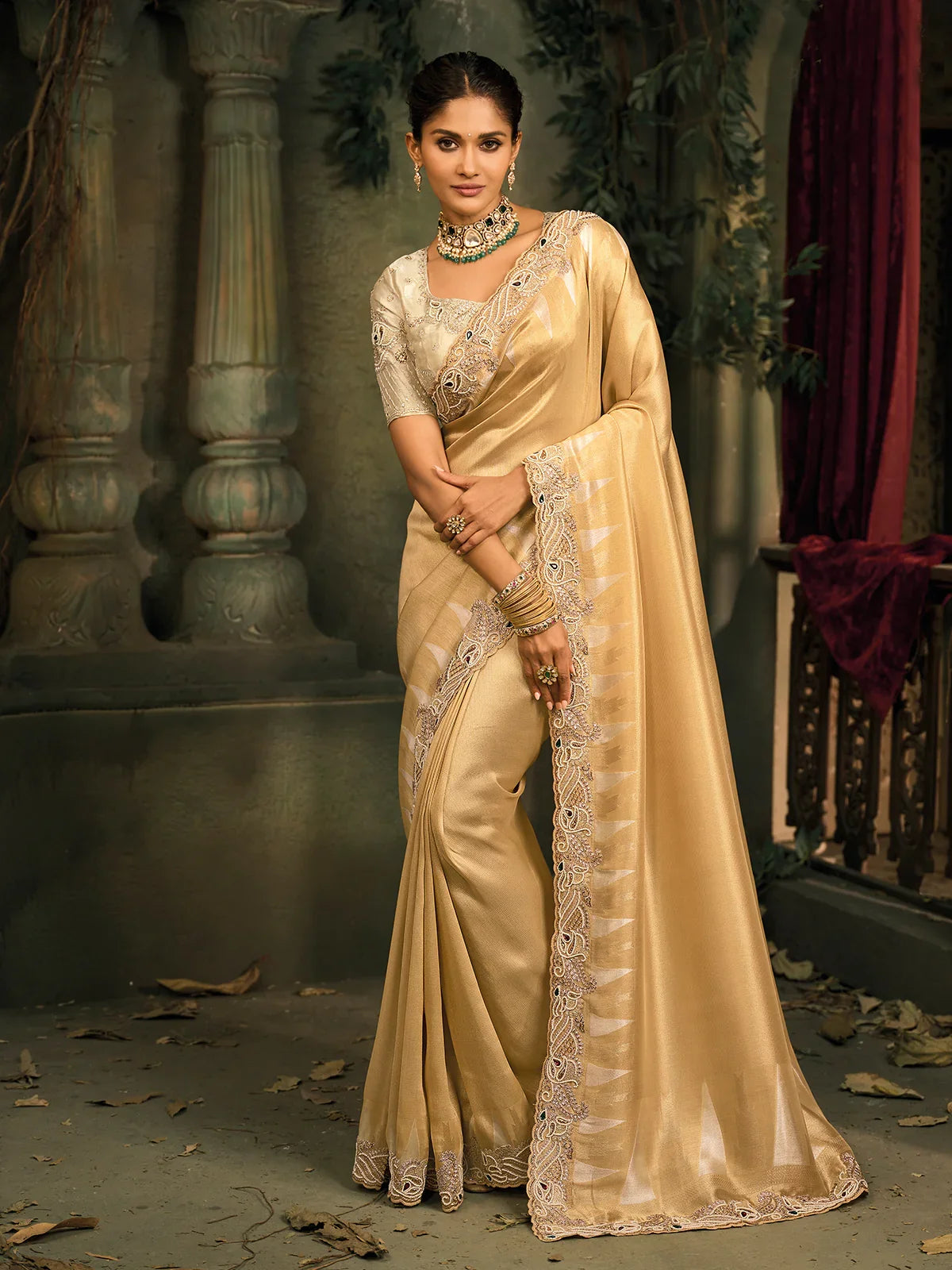 ziraf silk saree with heavy cut-dana and mirror work in chiku color ...