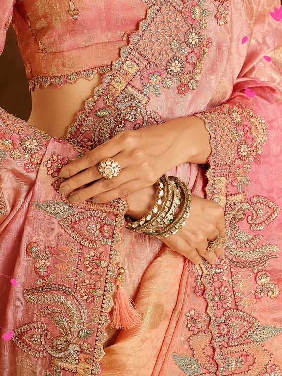 pink silk saree wedding festive zari weaving khatli work heavy ...