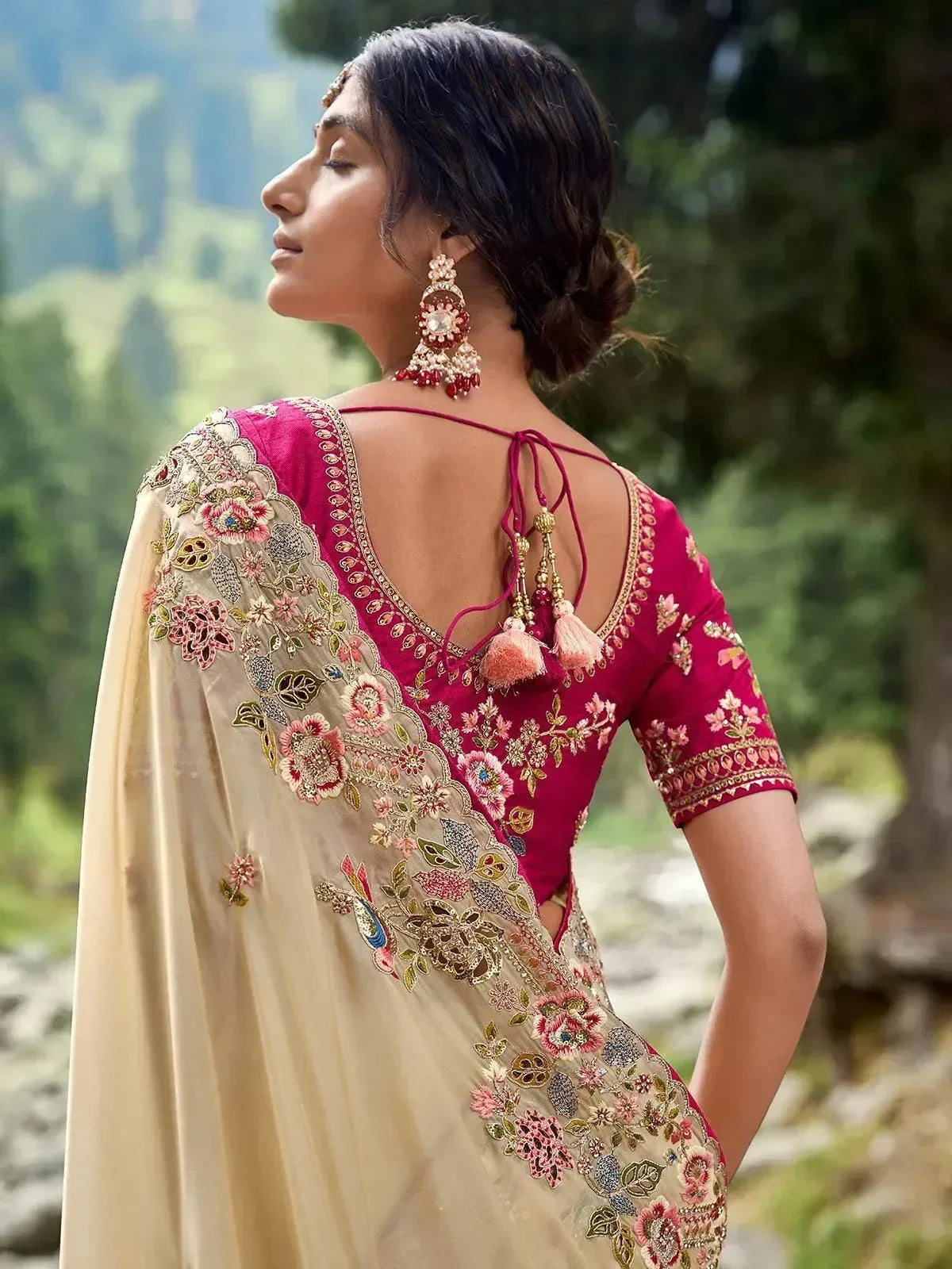 Cream Heavy Embroidered Work Designer Wear Saree - VJV Now - India