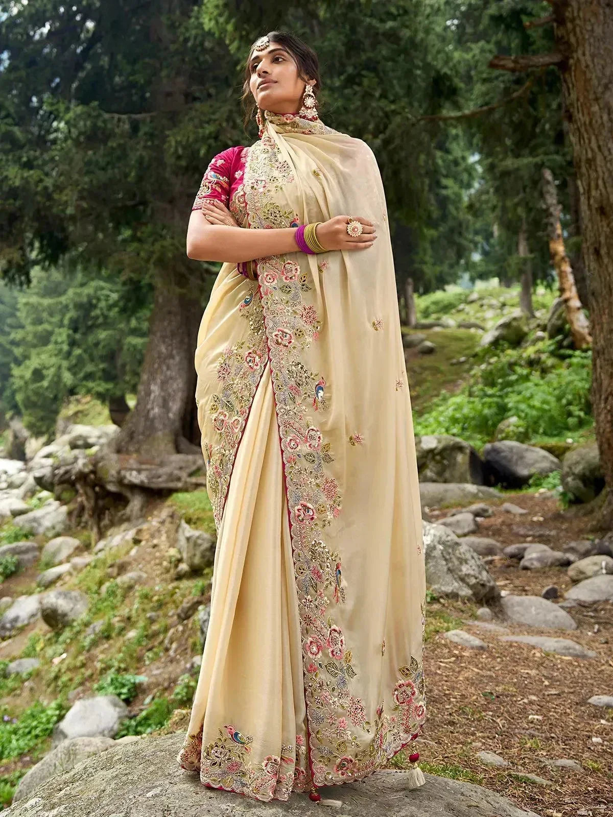 Cream Heavy Embroidered Work Designer Wear Saree - VJV Now - India