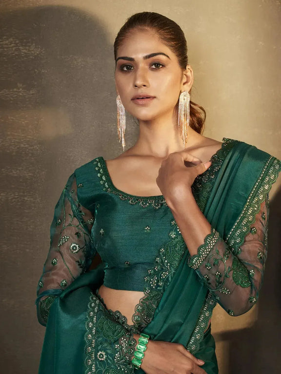 Dark Green Georgette Saree with Sequins Embroidered Party Wear - VJV ...