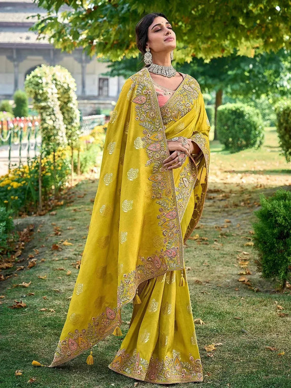 Lime Green Color Embroidered Banarasi Silk Saree - VJV Now - India