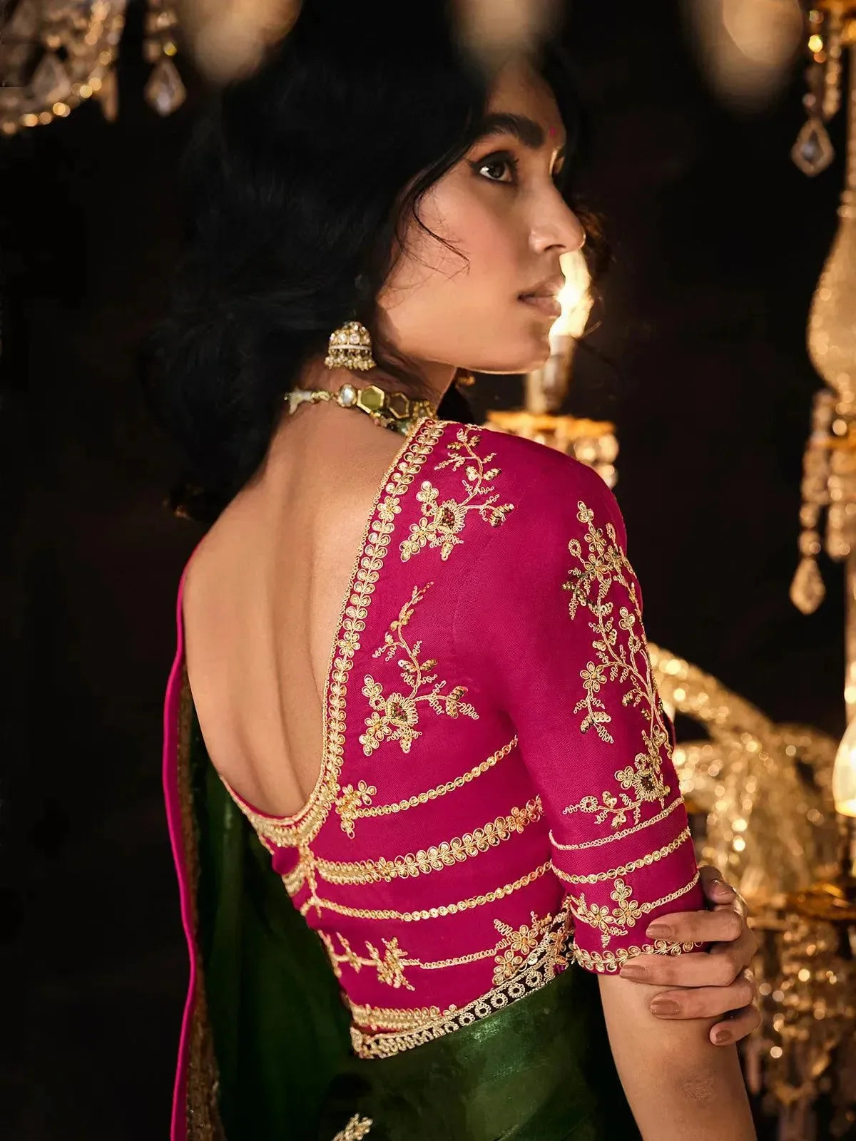 Mehendi Green Sequin Saree and Vibrant Rani Blouse for weeding party ...