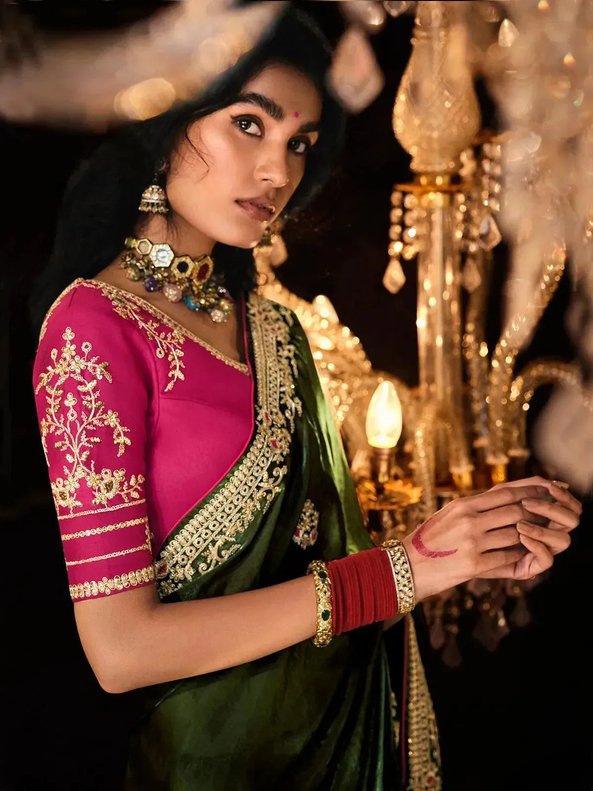 Mehendi Green Sequin Saree and Vibrant Rani Blouse for weeding party ...