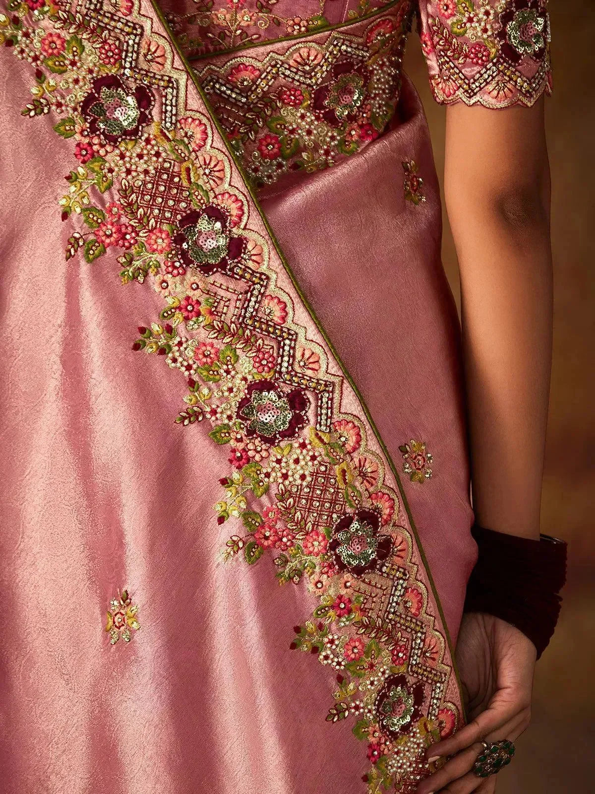 Pink Embroidered Work Silk Saree - VJV Now - India