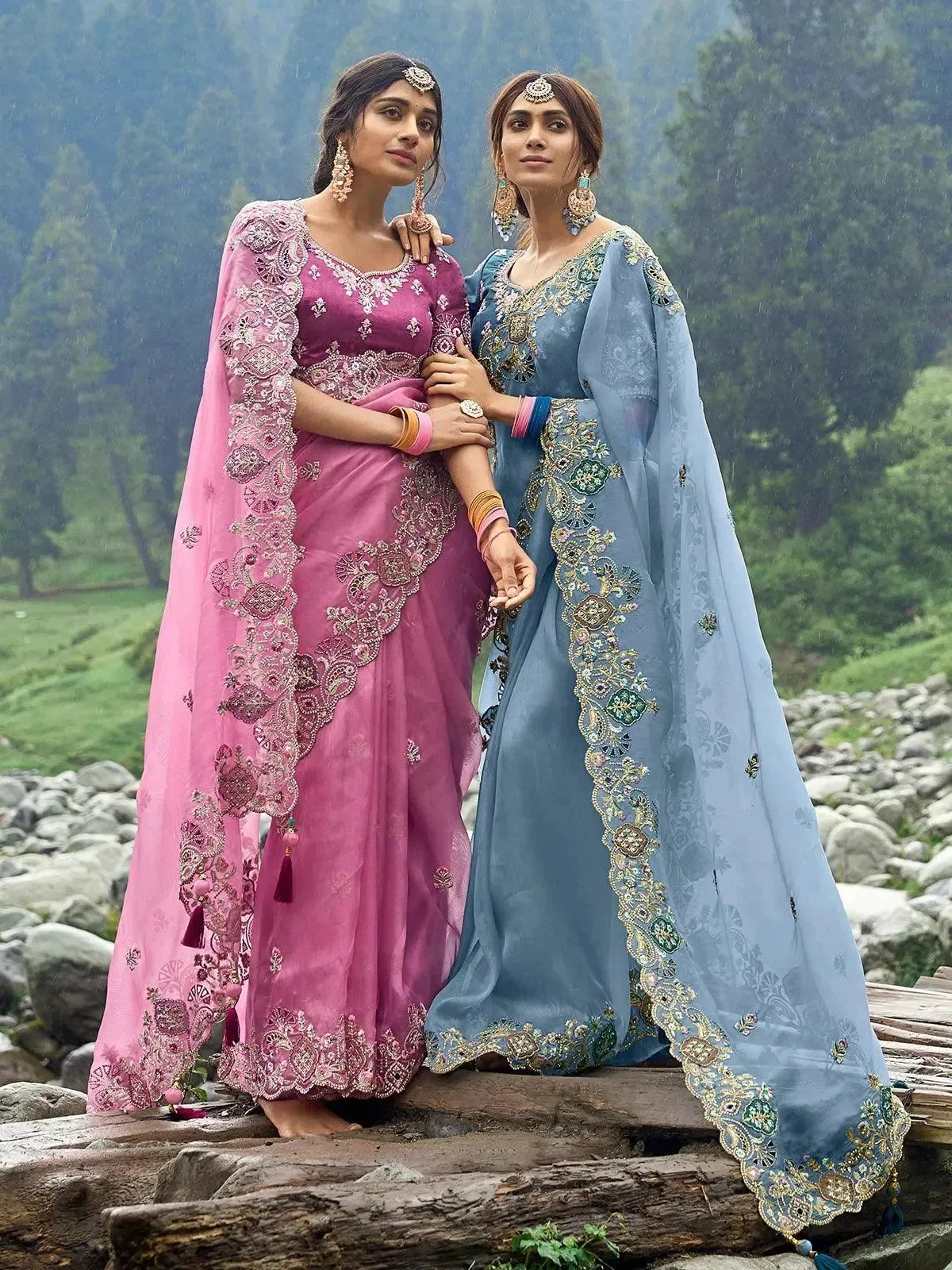 Pink Heavy Embroidered Work Designer Wear Saree - VJV Now - India