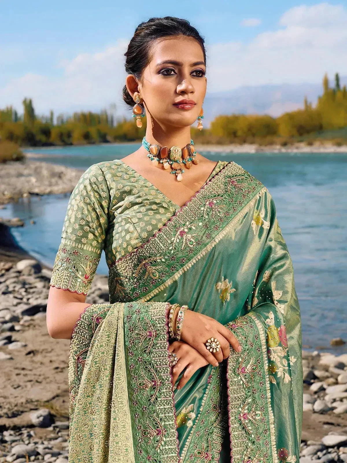 Pista Green Zari Stone Work Banarasi silk Saree - VJV Now - India