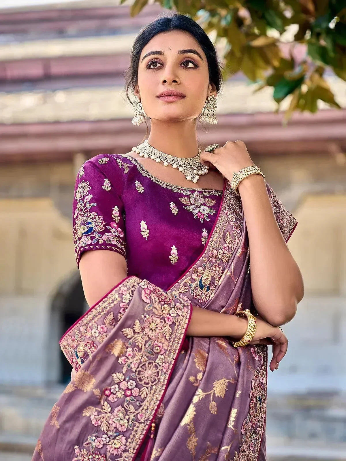 Purple Color Embroidered Banarasi Silk Saree - VJV Now - India