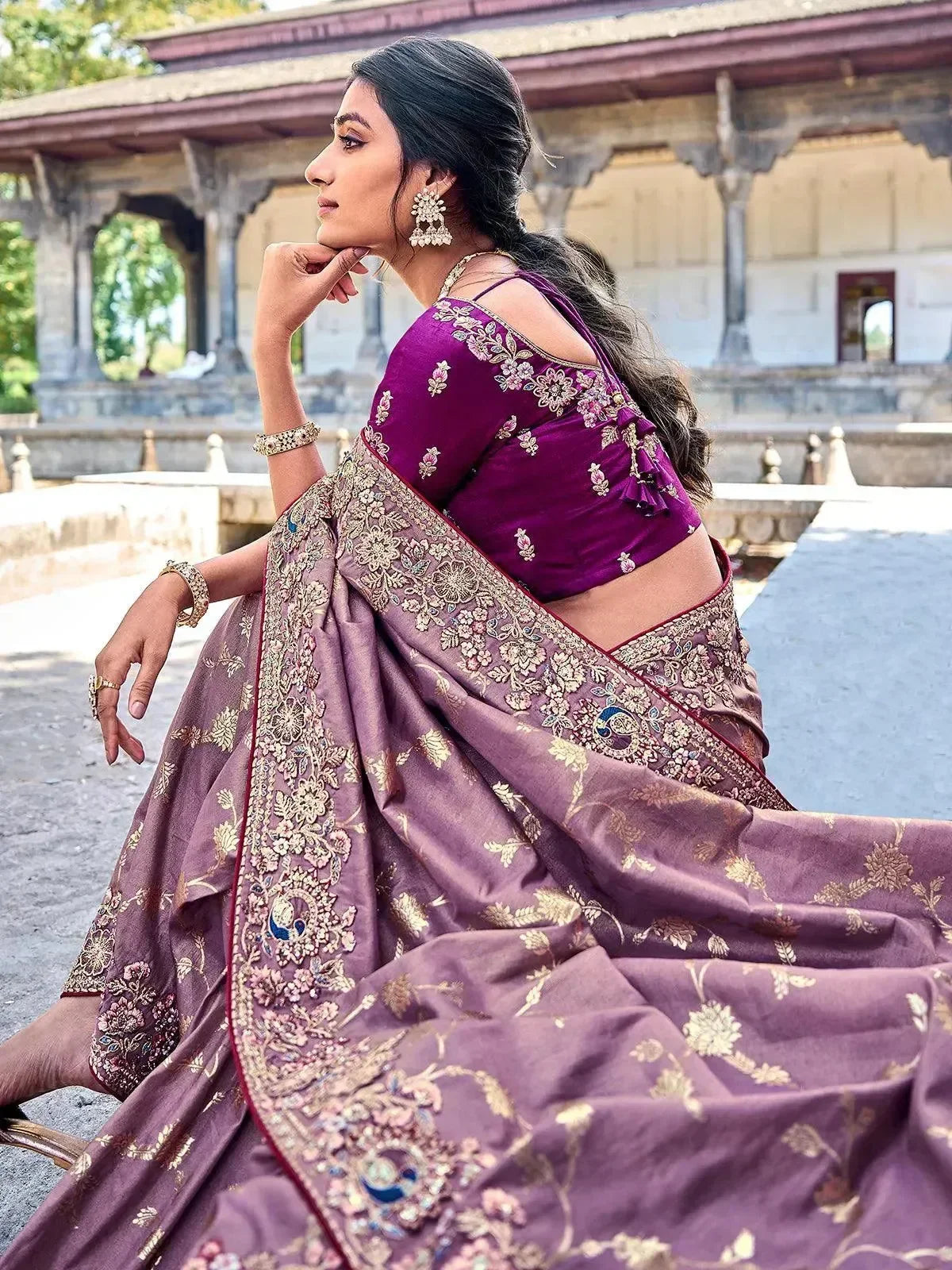 Purple Color Embroidered Banarasi Silk Saree - VJV Now - India