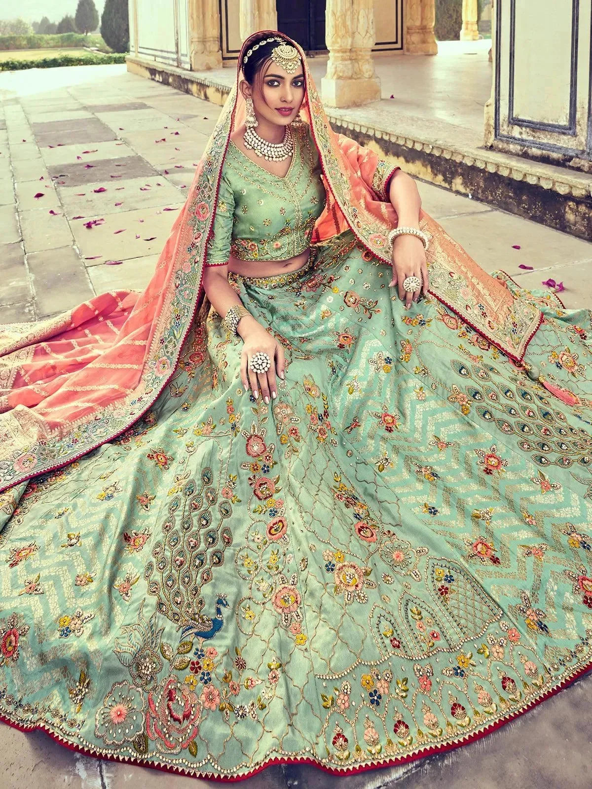 Wedding Light Firozi Gajari Art Silk Sequins Embroidered Umbrella ...