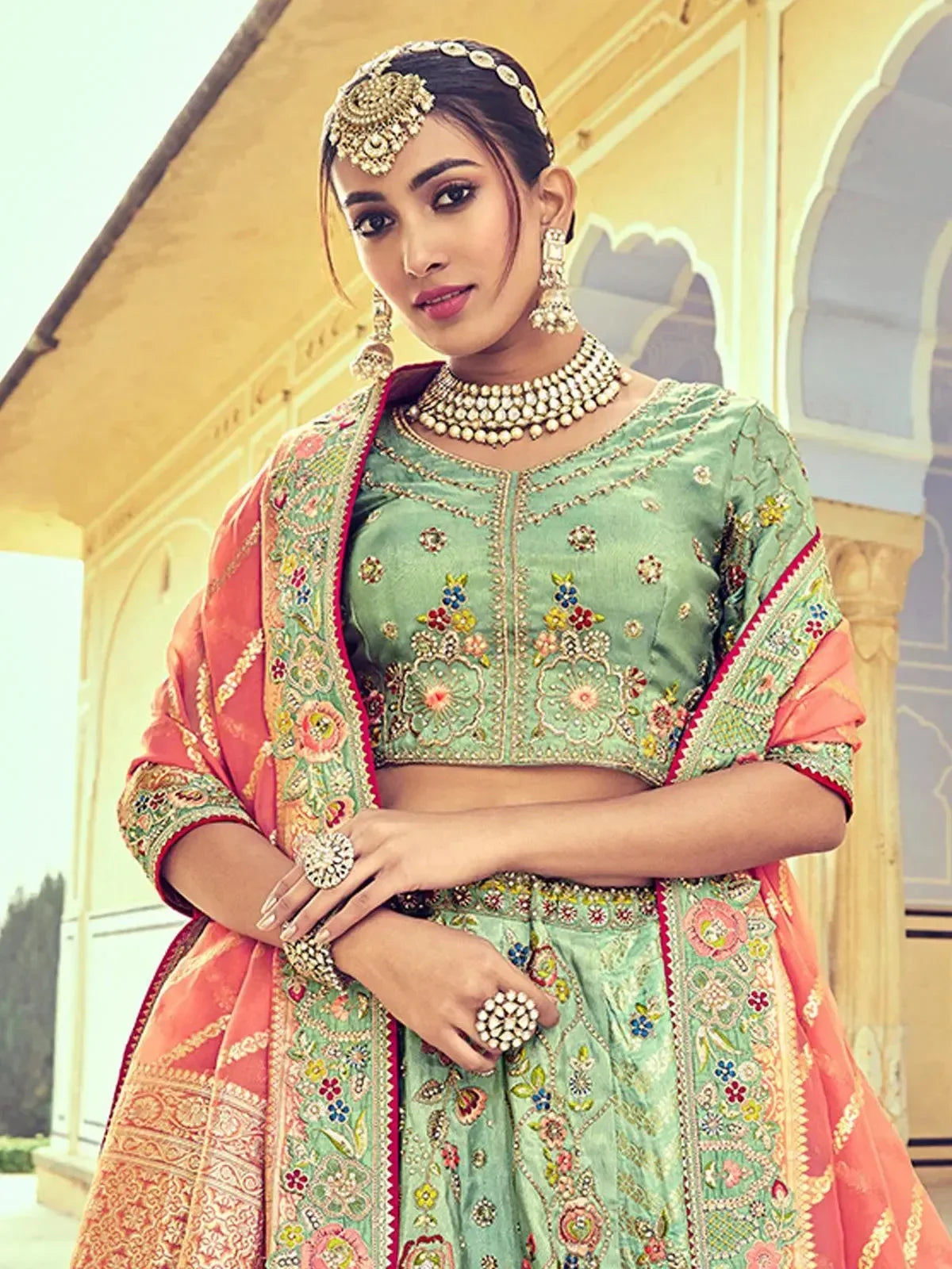 Wedding Light Firozi Gajari Art Silk Sequins Embroidered Umbrella ...